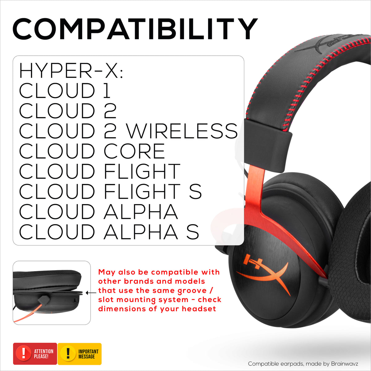 Hybrid Earpads for HyperX Cloud 1, 2 / 2 Wireless, Core, Flight / Flig ...