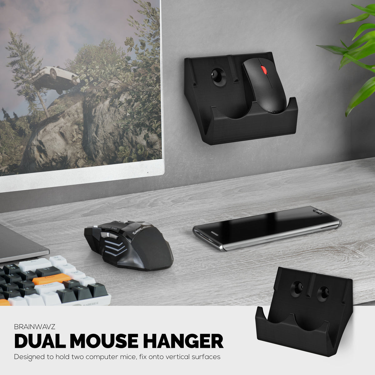 Wall Mount Dual Mouse Holder Display Stand - Holds Gaming & Most Size ...