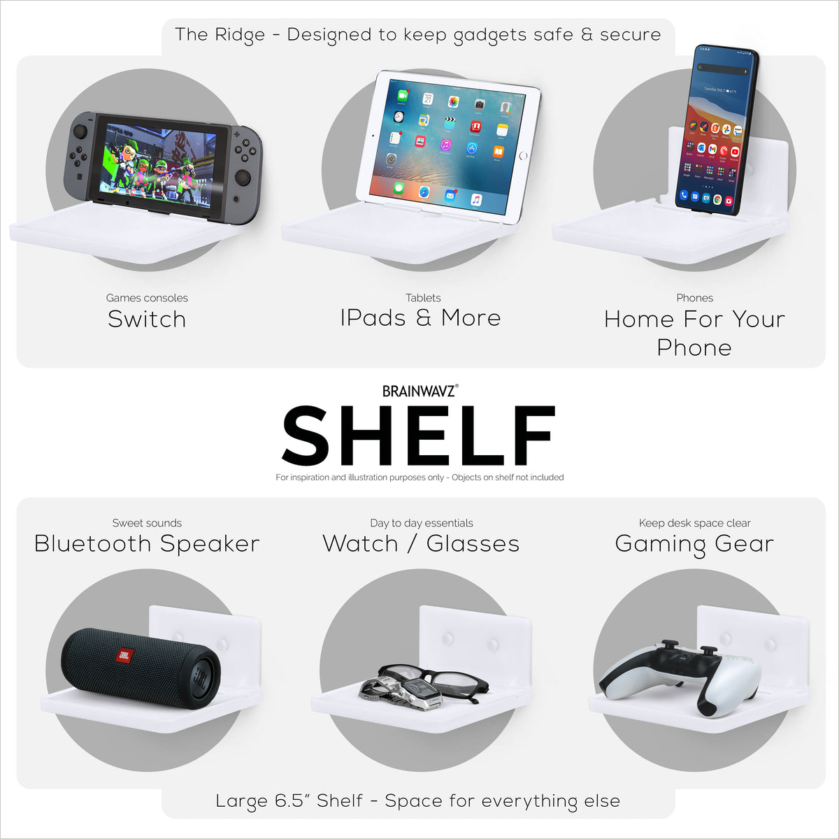 6.5" Floating Shelf with Tablet & Phone Wall Mount Holder ideal for Be ...