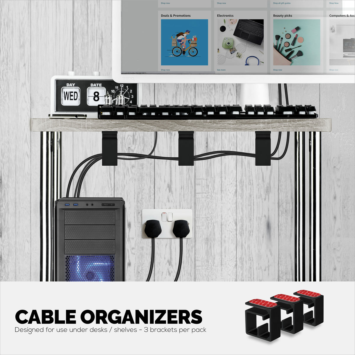 3pc VHB Cable Organizer Holder, For Heavy Cables, PC Cords & Wires wit ...